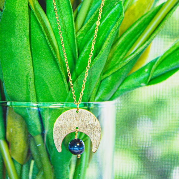 Jewelry | Blue Tigers Eye14k Goldplated Crescent Necklace | Poshmark